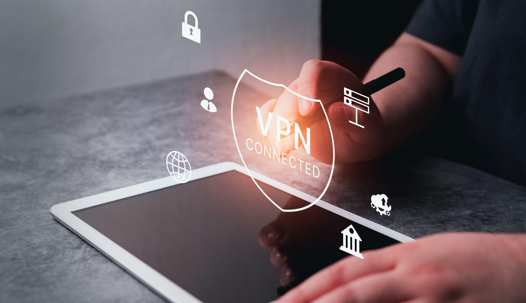 VPN Virtual Private Network protocol concept, Woman use digital tablet ...